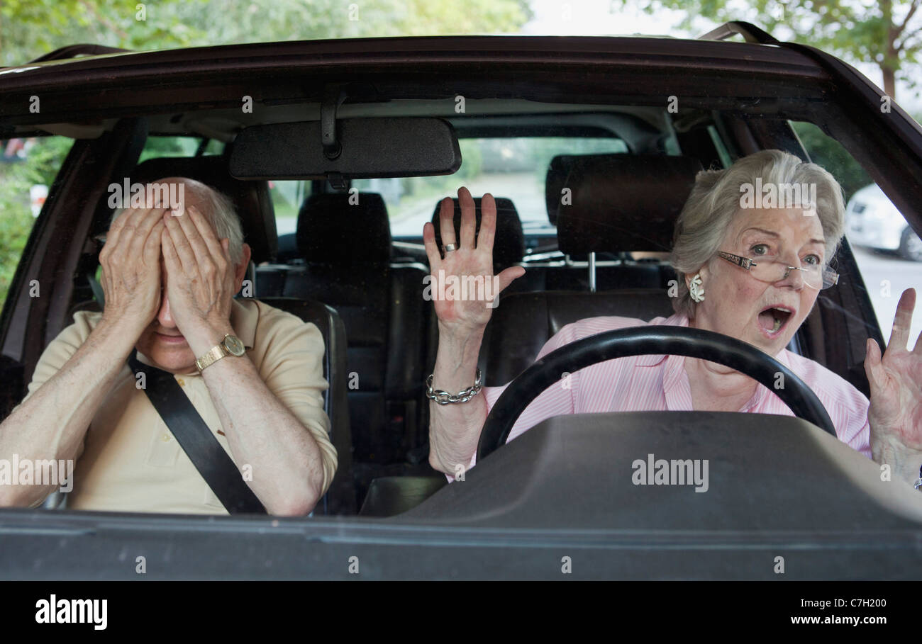 Senior woman having trouble learning to drive Stock Photo - Alamy