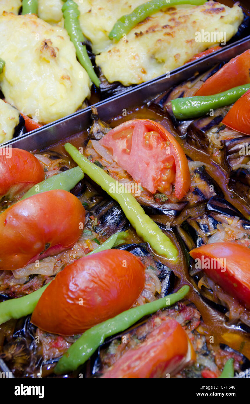 Turkey, Istanbul. Traditional Turkish food. Grilled fish, eggplant ...