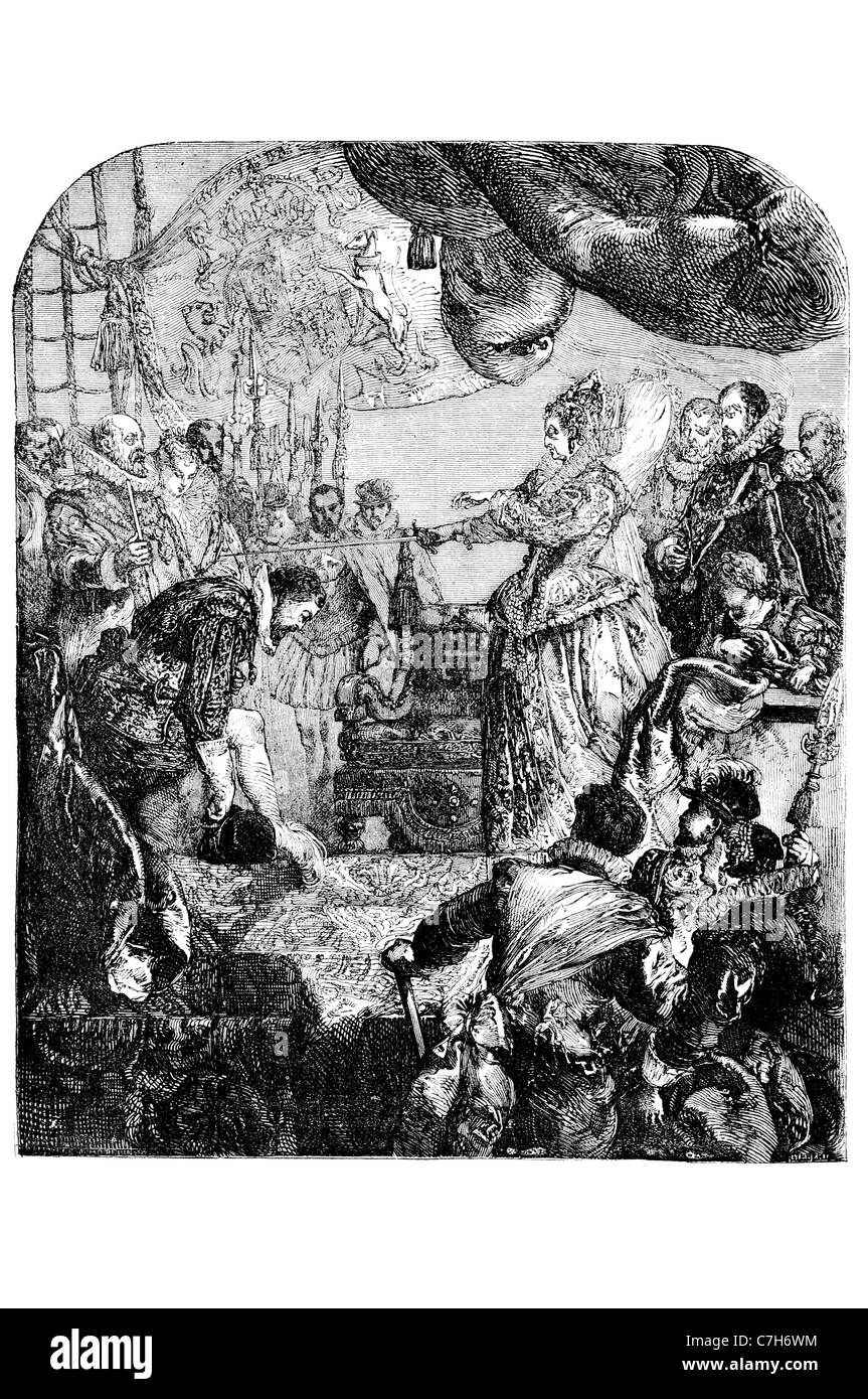 Queen Elizabeth knighting Sir Francis Drake ship war battle galleon ...