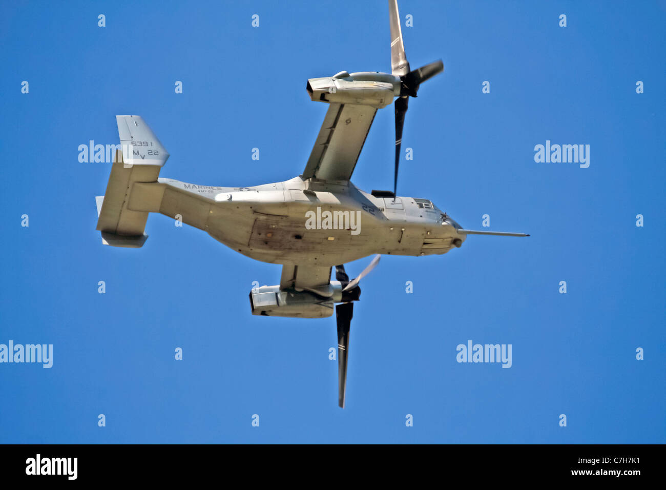 The V-22 Osprey, a tilt-rotor aircraft capable of vertical takeoff and landing, performed at the ...