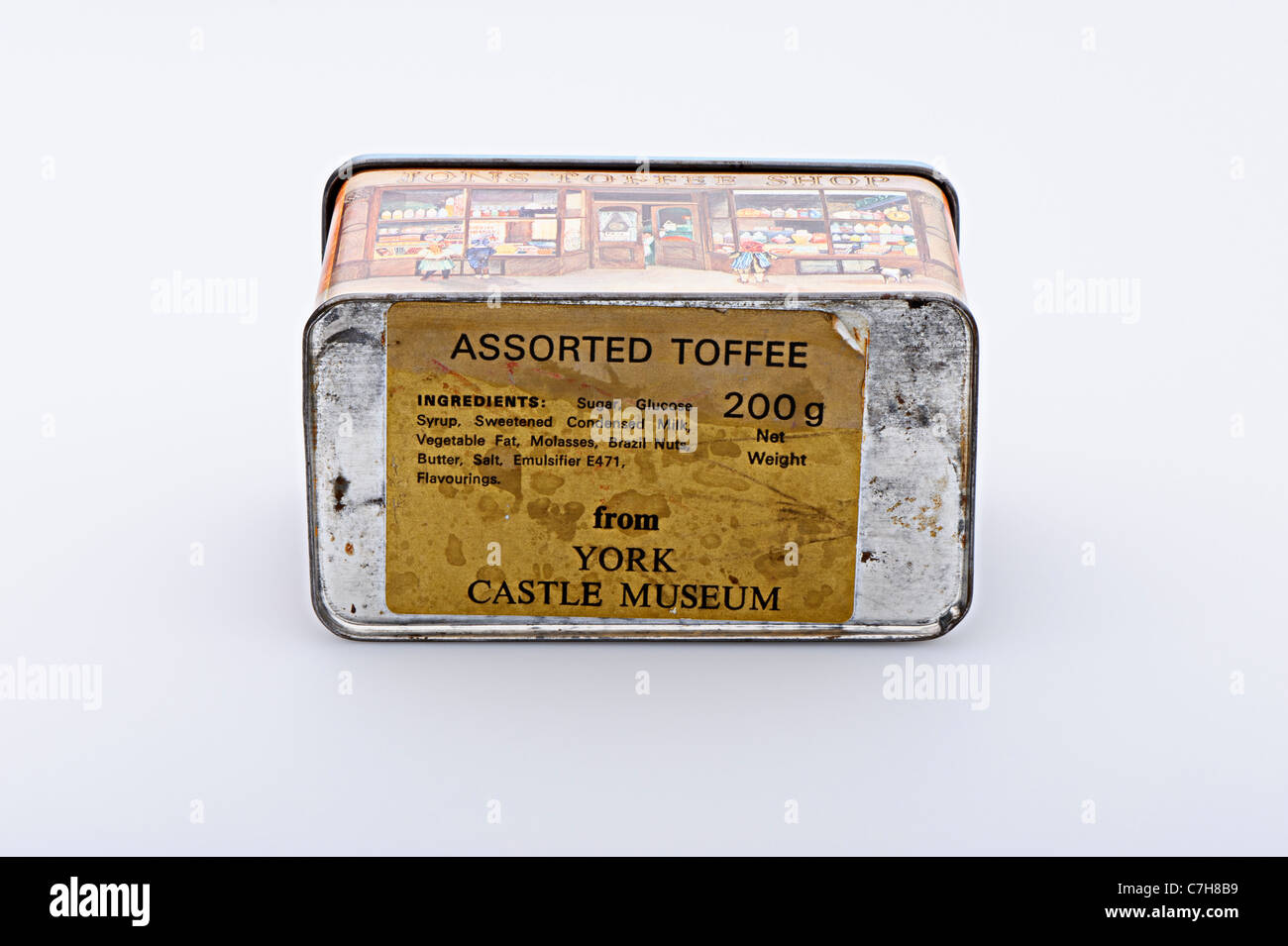 Old Toffee box 70’s York Castle Museum, isolated on light grey ...