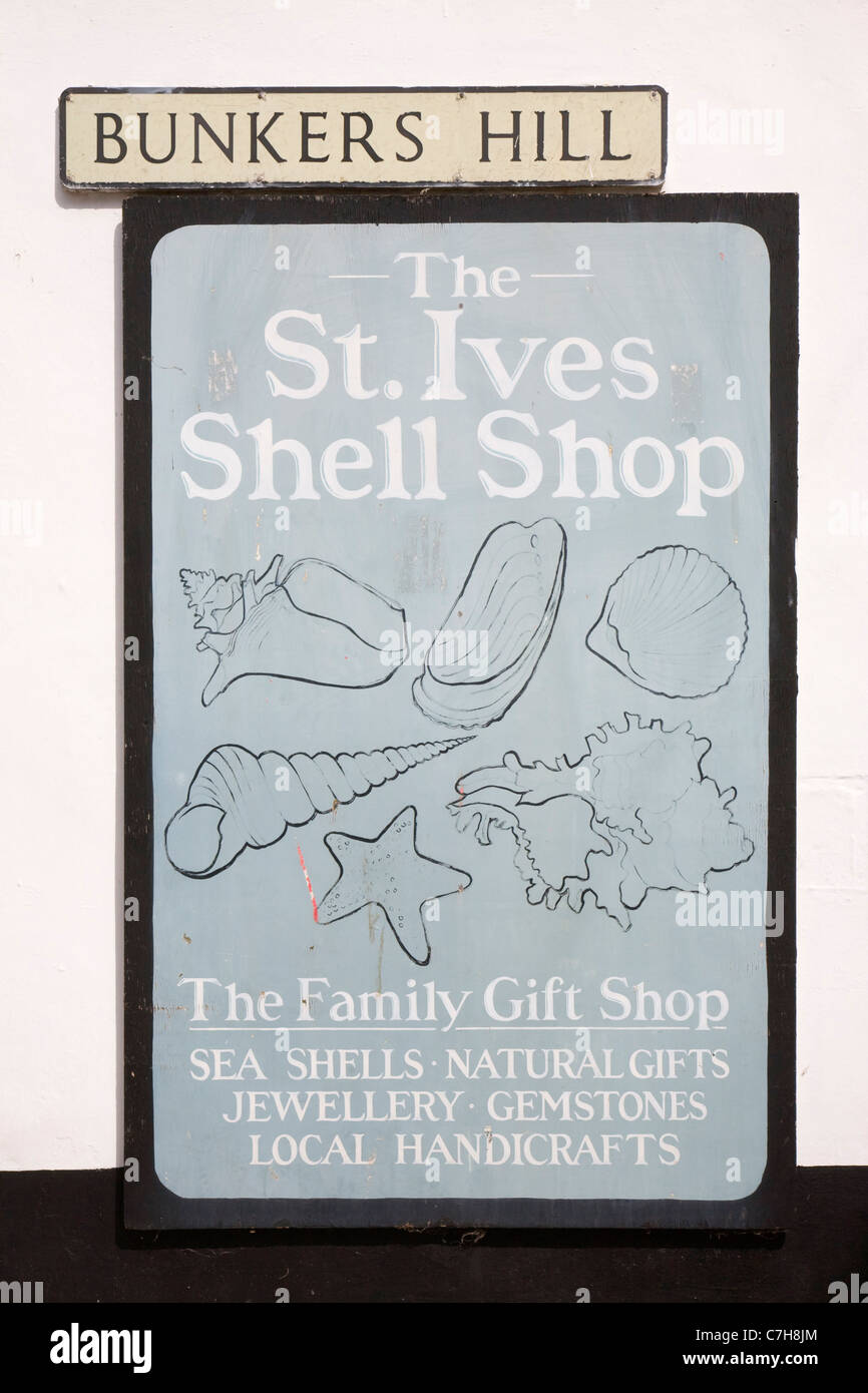 Bunkers Hill and Shell Shop signs in St Ives, Cornwall Stock Photo - Alamy