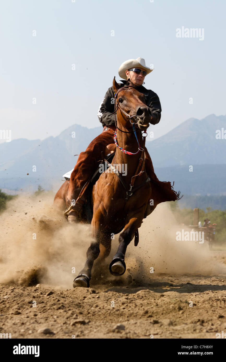 Cowboy compete in the Pole Bending Stock Photo - Alamy