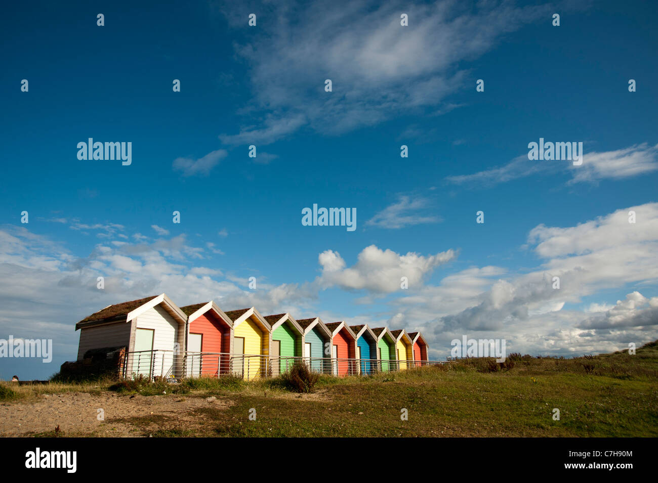Colourful modern beach huts on the east coast at Blyth Northumberland ...