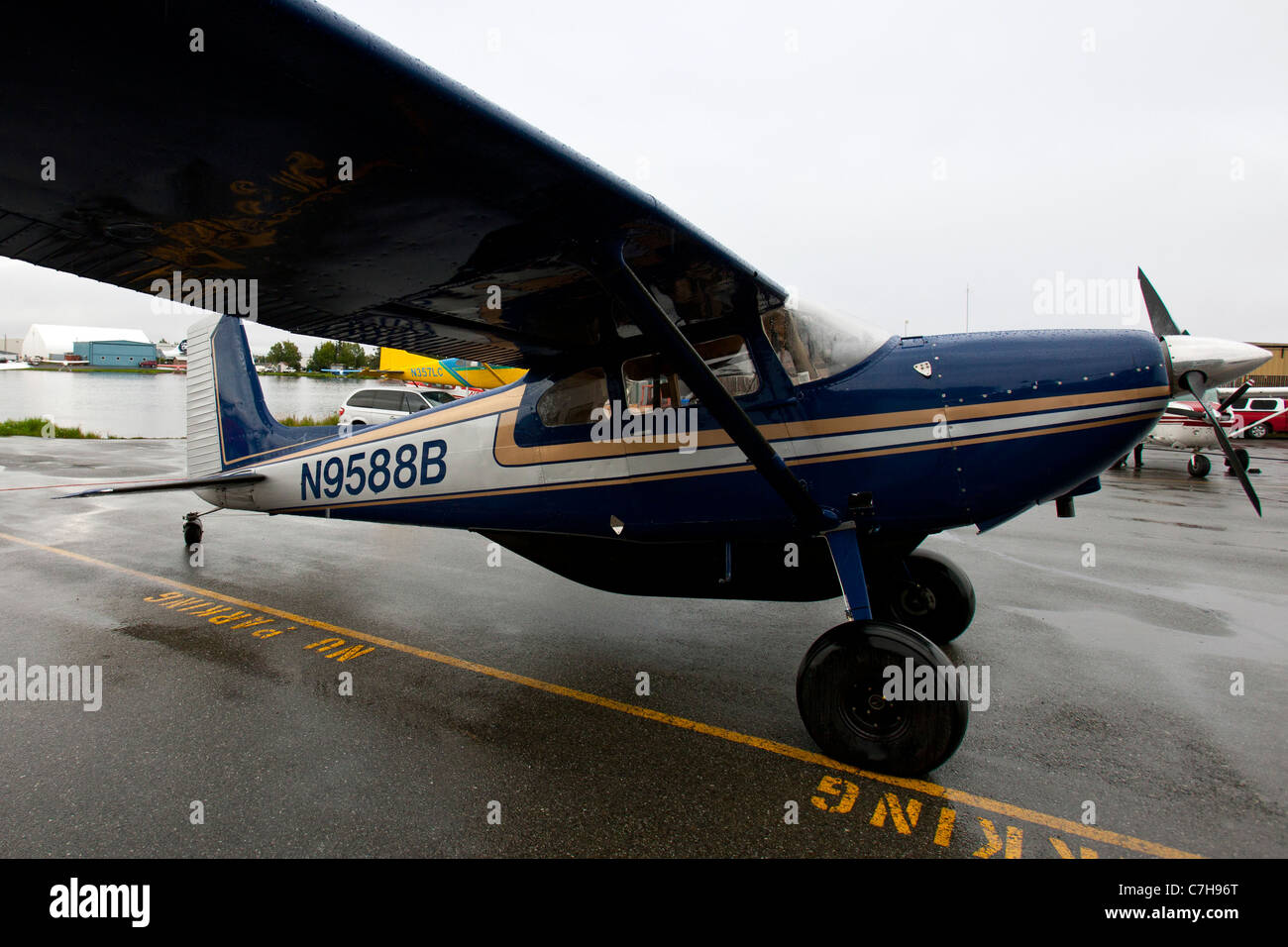 A single engine prop plane parked near Lake Hood, Anchorage, Alaska ...