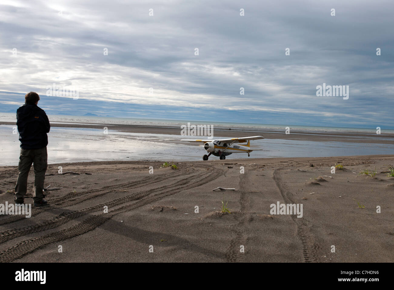 A man watches a single engine prop plane land on a sandy beach, Lake ...