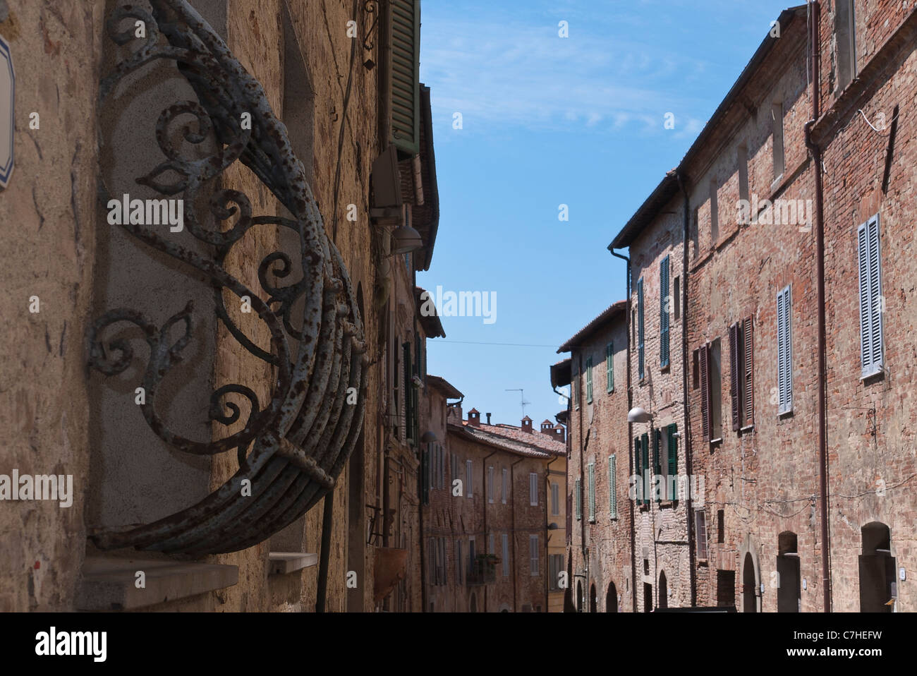 Detail of fancy wrought iron window grate on a building in medieval ...