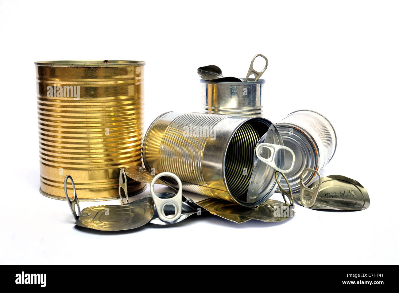 Group of recycling cans and tins on white background Stock Photo - Alamy
