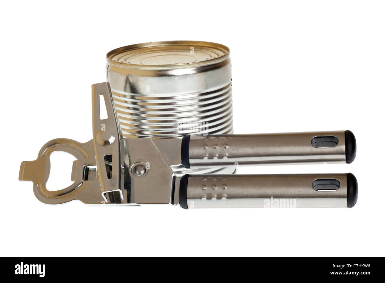 Tin opener opening a can of food isolated on white Stock Photo - Alamy