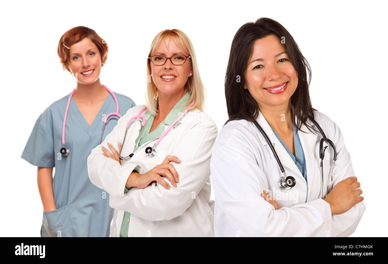 Three Female Doctors or Nurses Isolated on a White Background Stock ...