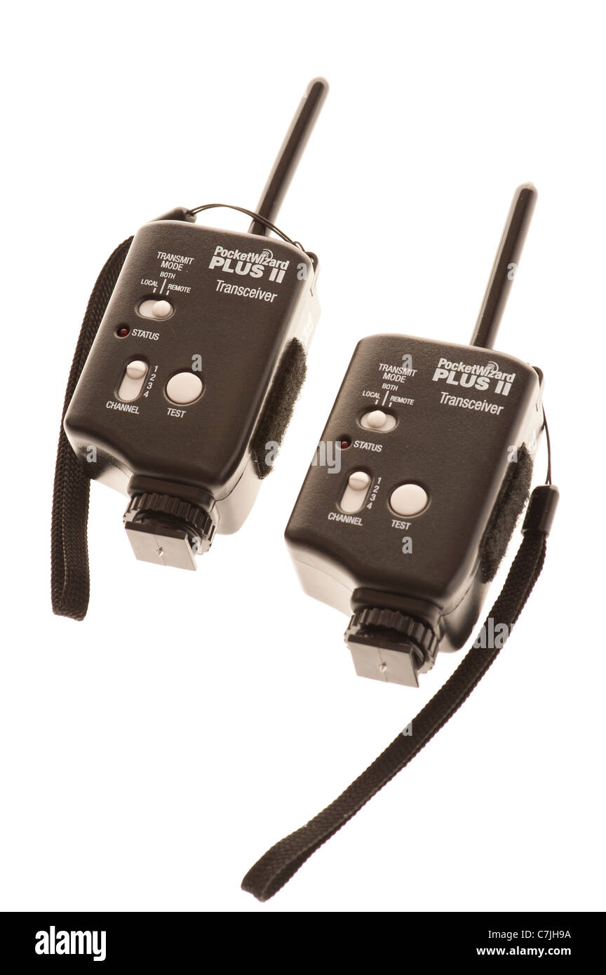 A pair of Pocket Wizard Plus II radio controlled flash triggers on a ...