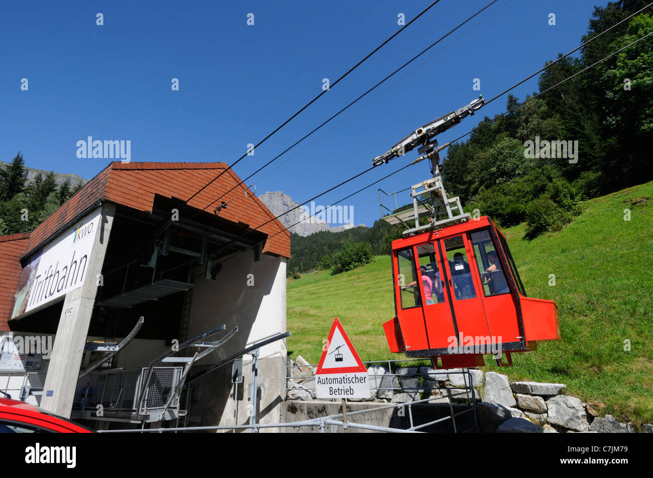 Triftbahn aerial tramway lower terminus at Schwendi. Switzerland ...