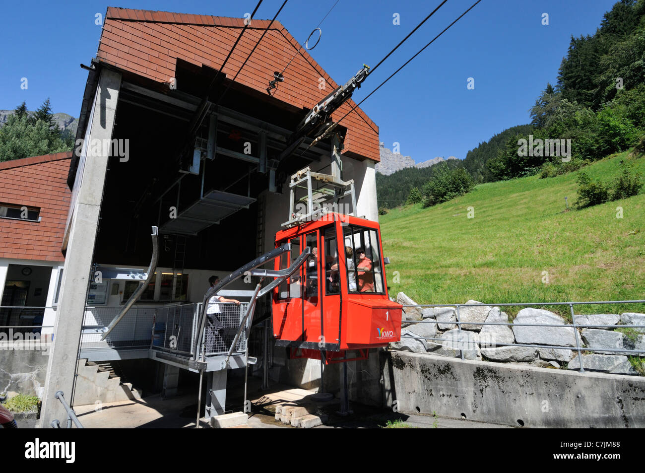 Triftbahn aerial tramway lower terminus at Schwendi. Switzerland ...