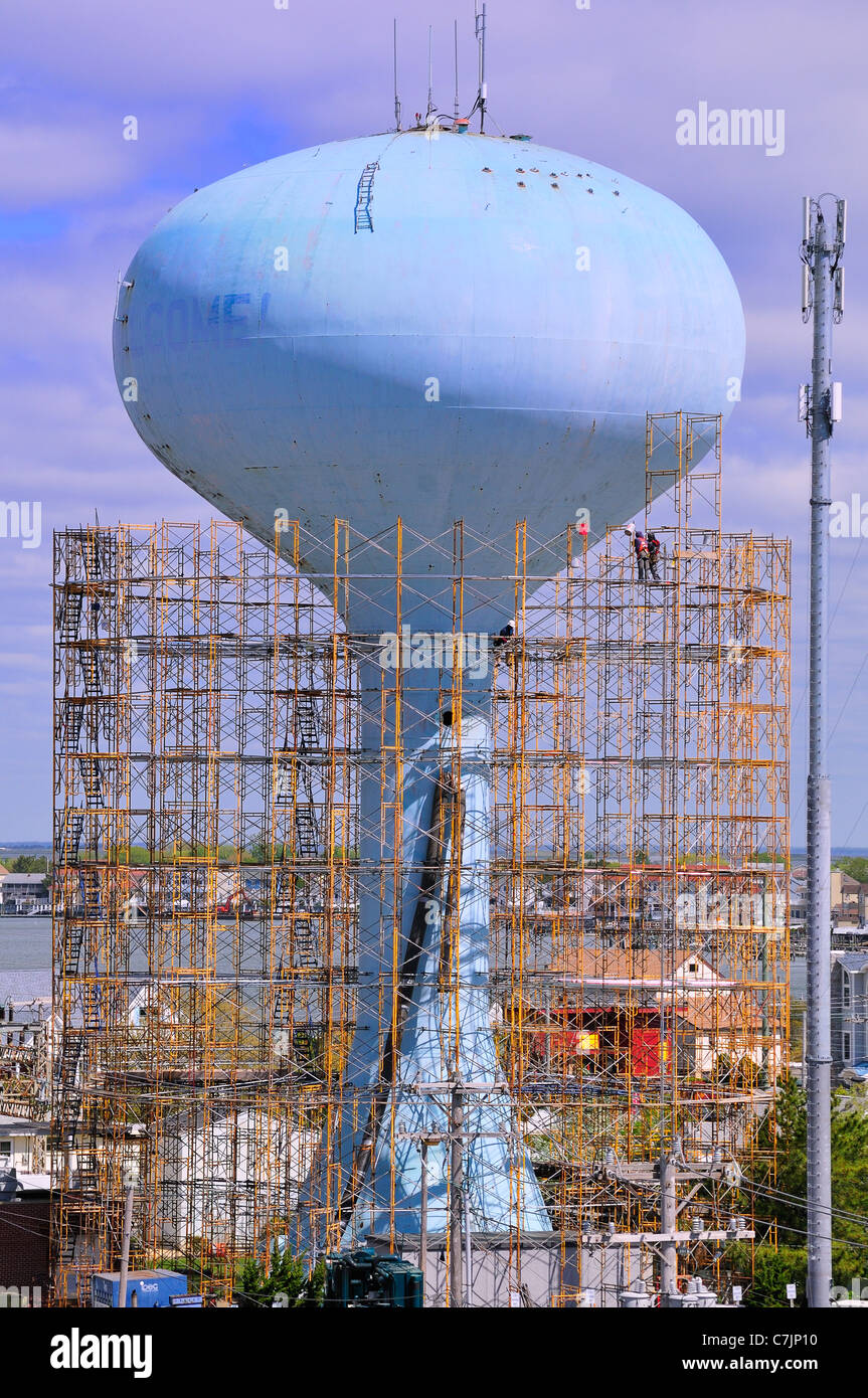 Scaffolding surrounds the water tower on 14th St. in Brigantine Beach ...