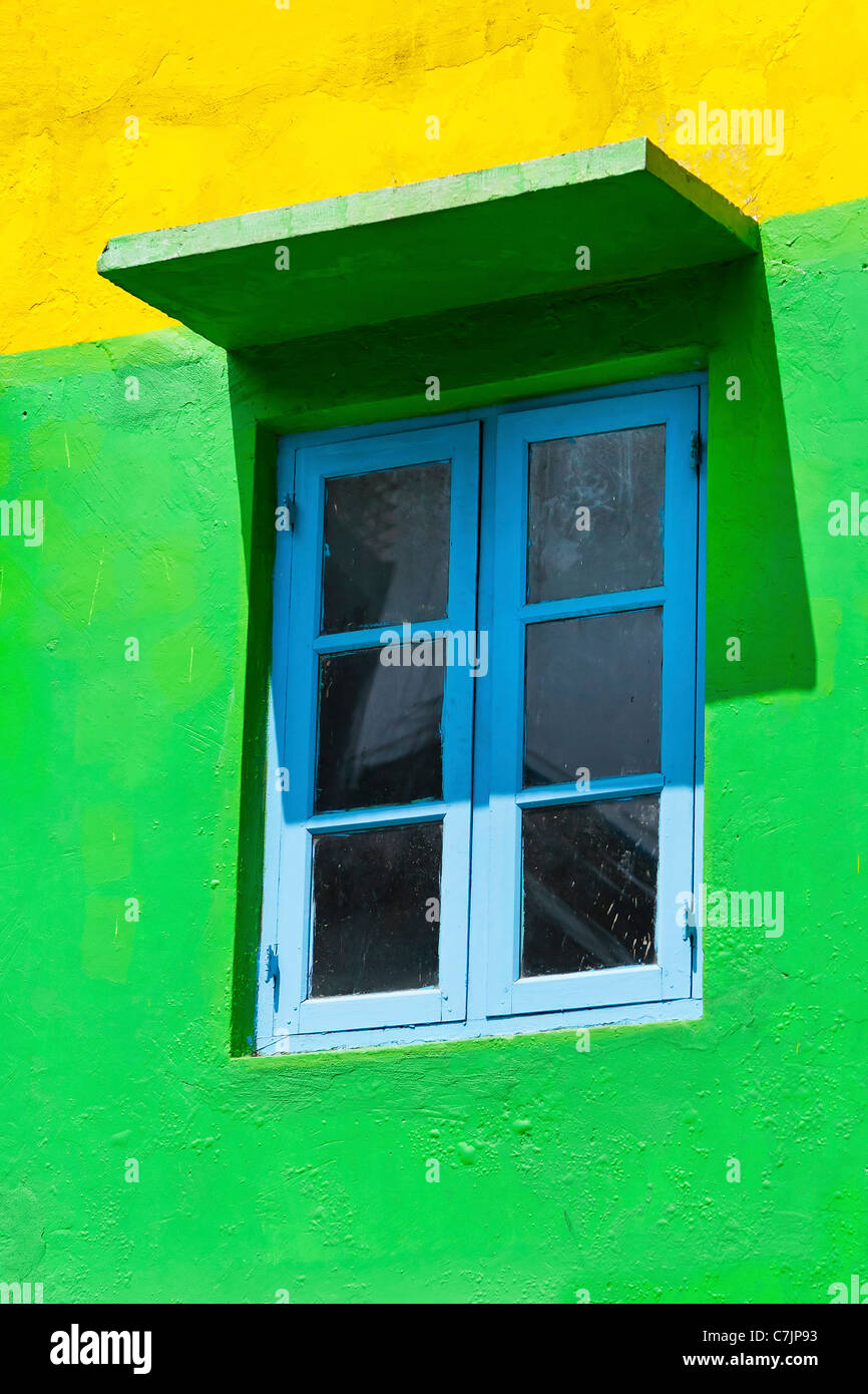 Green Yellow Wall Blue Window Stock Photo - Alamy