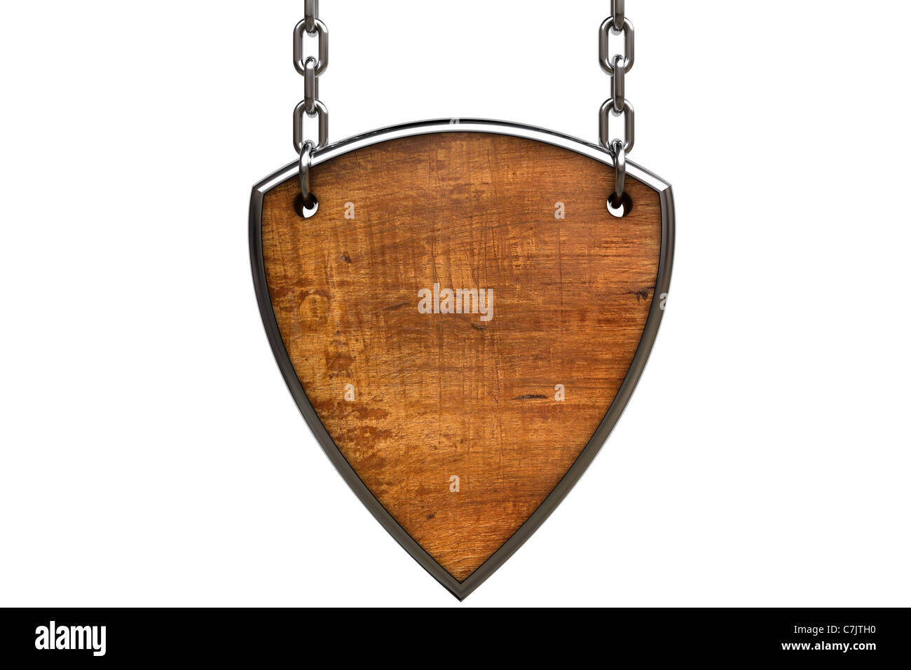 Wooden sign with chrome chains on white Stock Photo - Alamy