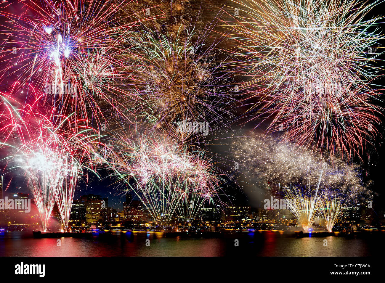 Fireworks Display Background with Waterfront City Skyline Stock Photo ...