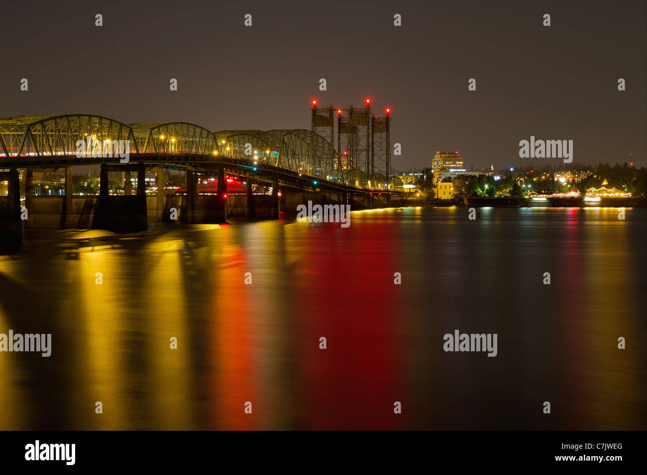 Light Trails on Columbia River Crossing I-5 Interstate Bridge at Night ...