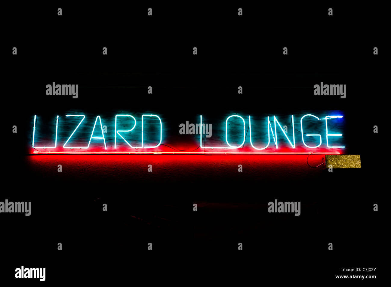 Glowing neon sign for the Lizard Lounge against the night sky of the ...