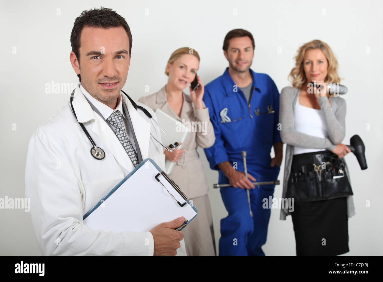 Doctor with stethoscope and clipboard, mechanic, doctor and secretary ...