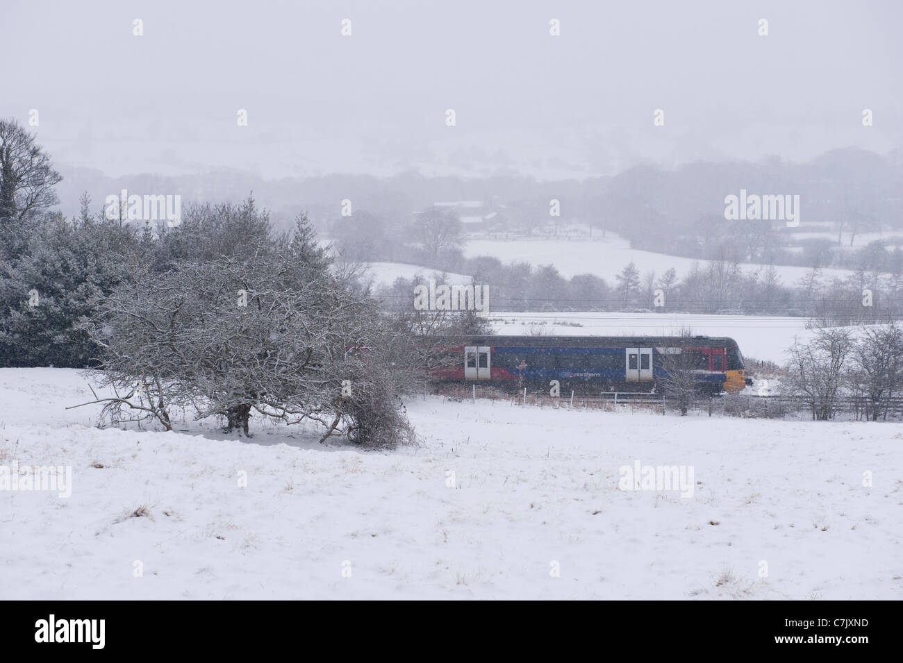 Snow falling on snowy winter day & local passenger railway train ...