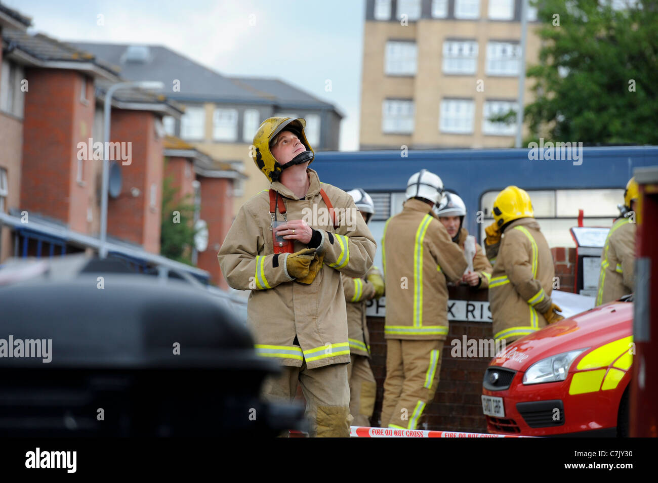 Fire crews take part in an exercise at flats in Brighton, UK Stock ...