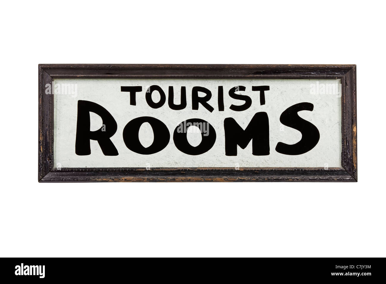 Old tourist rooms hotel sign isolated on white Stock Photo - Alamy