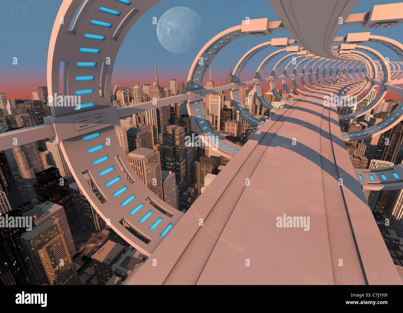 render of an abstract futuristic bridge over a modern city Stock Photo ...