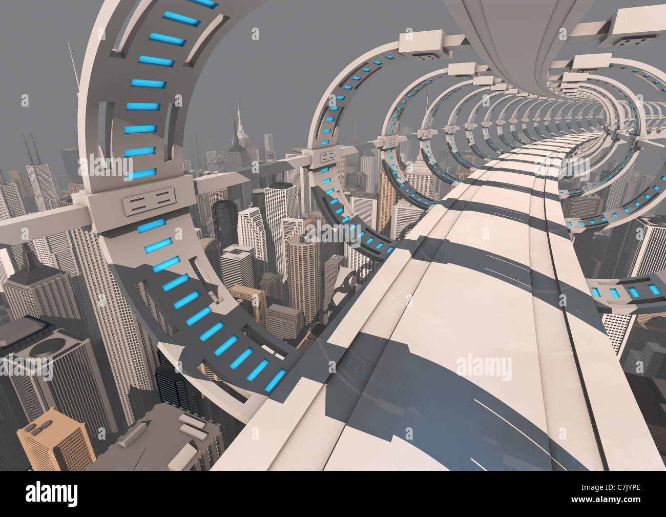 render of an abstract futuristic bridge over a modern city Stock Photo ...