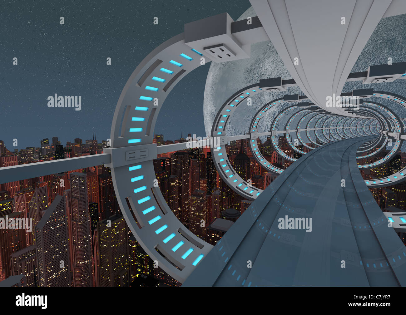 render of an abstract futuristic bridge over a modern city Stock Photo ...