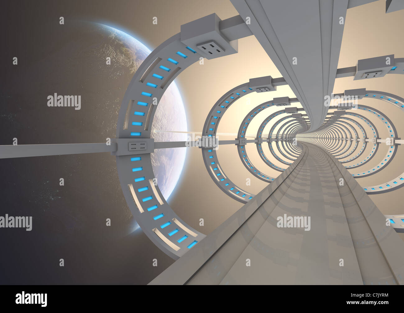 render of a futuristic space bridge to earth Stock Photo - Alamy