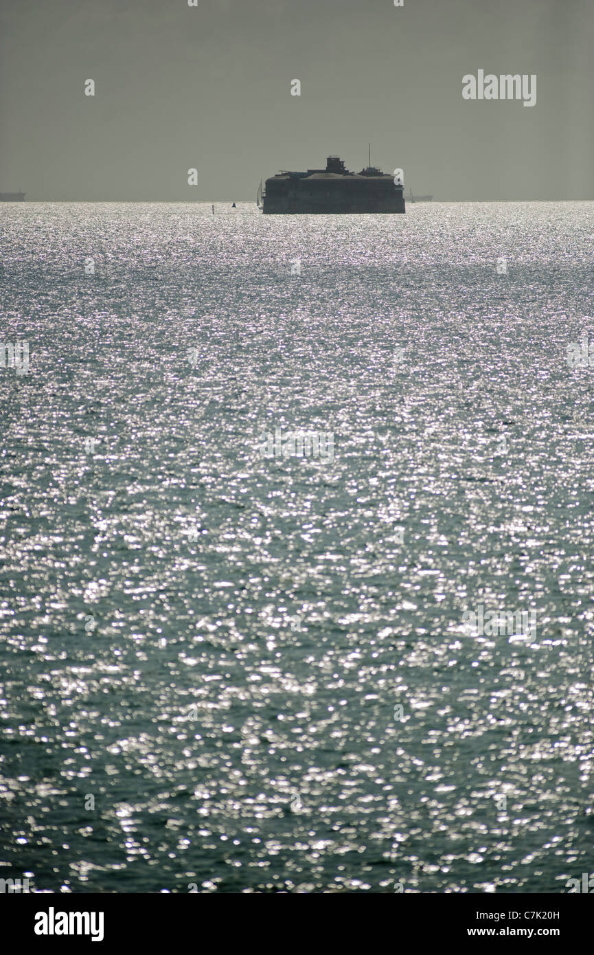 Horse Sand Victorian Sea Fort in the Solent with passing shipping in ...