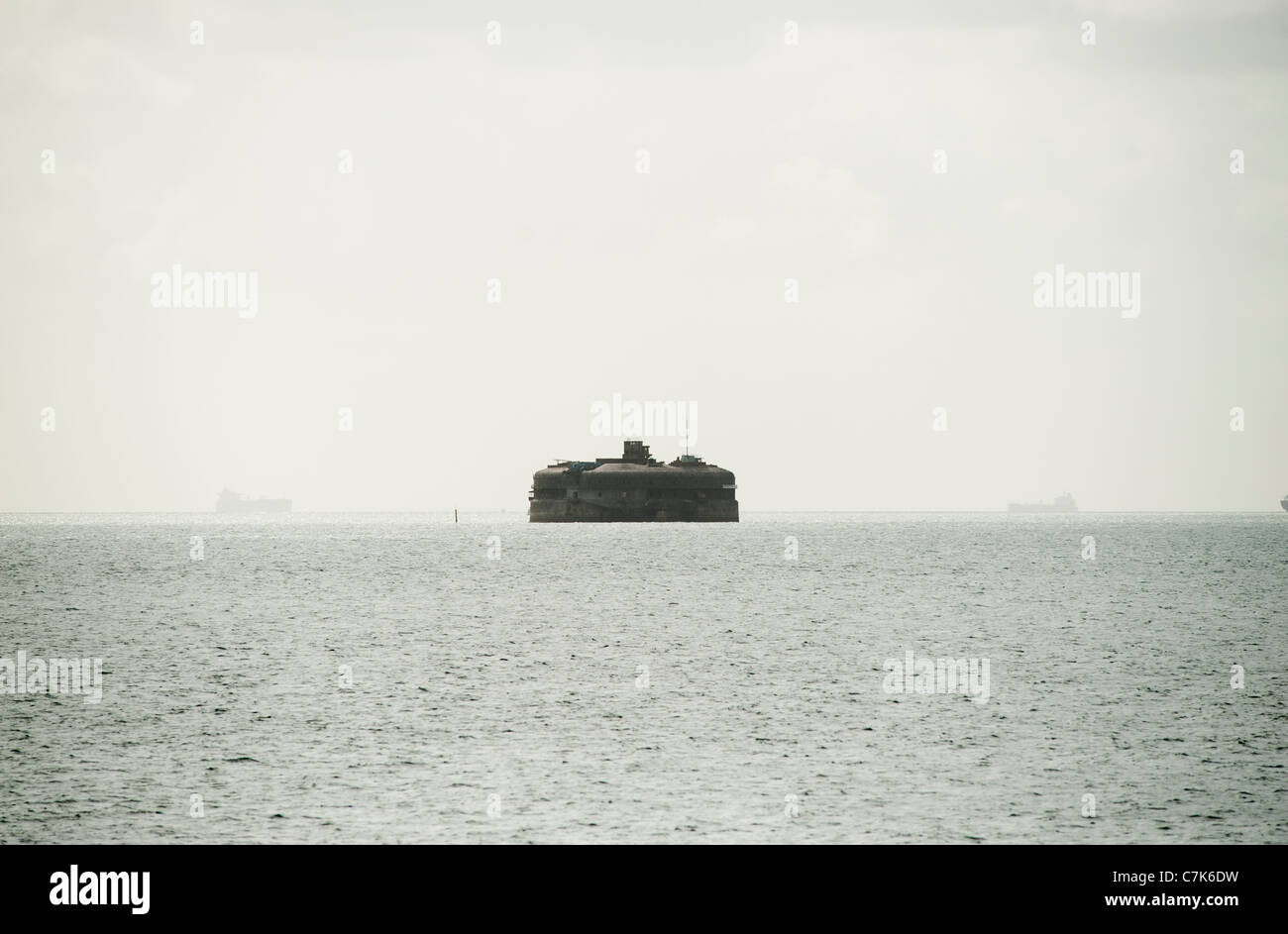 Horse Sand Victorian Sea Fort in the Solent with passing shipping in ...