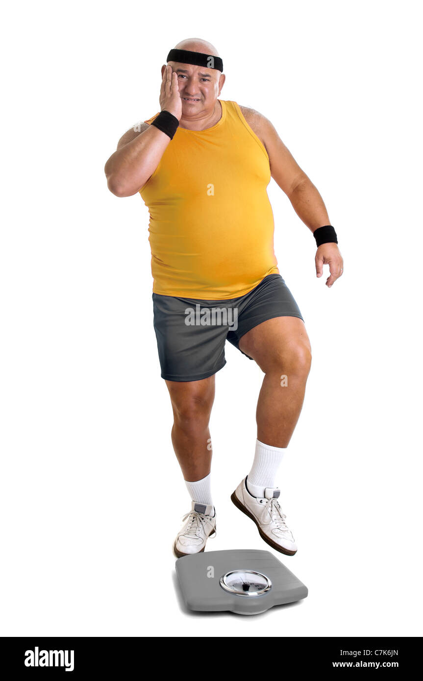 Large fitness man with weight scale isolated in white Stock Photo - Alamy