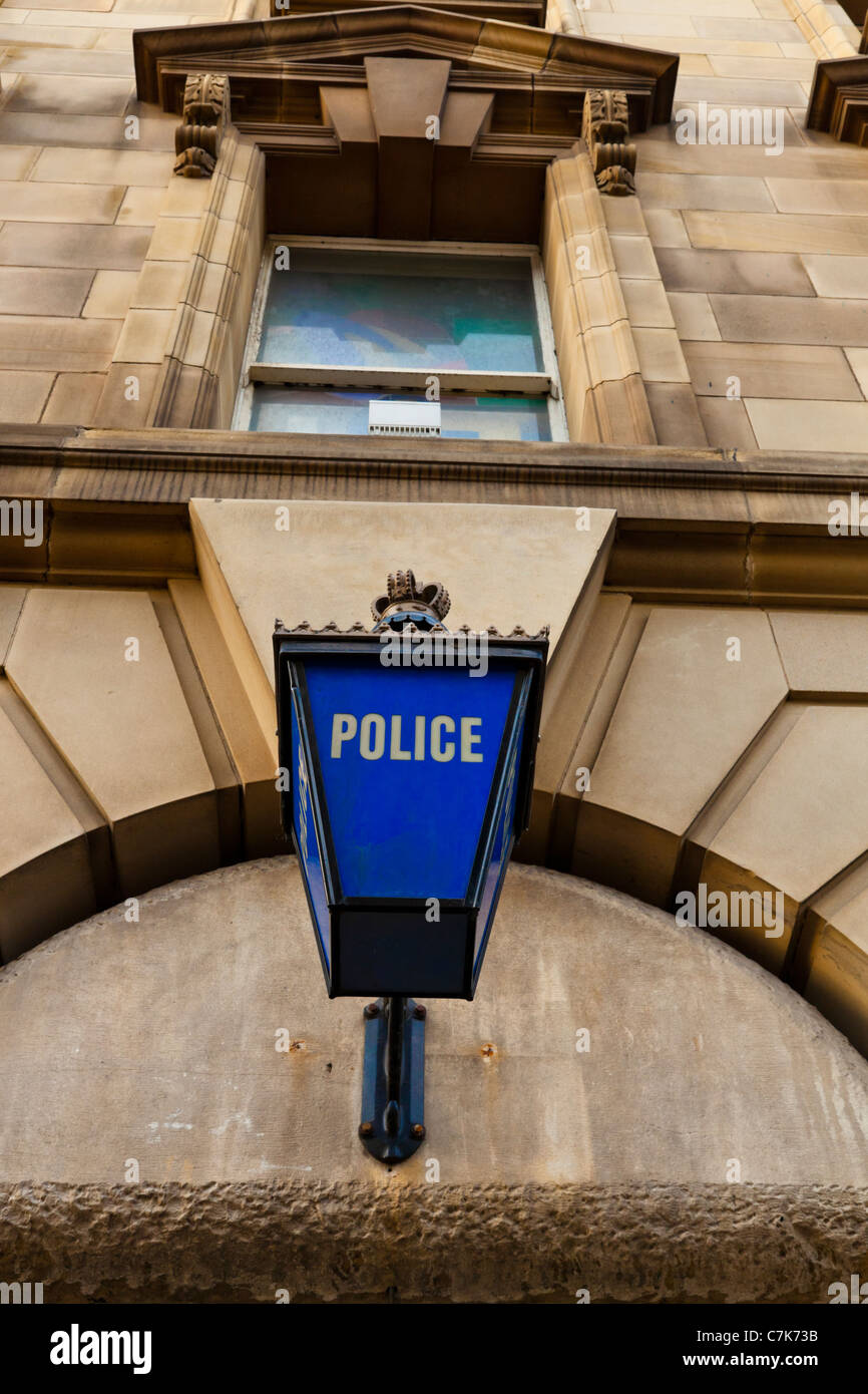 Traditional old British blue police light or lamp at a disused police ...