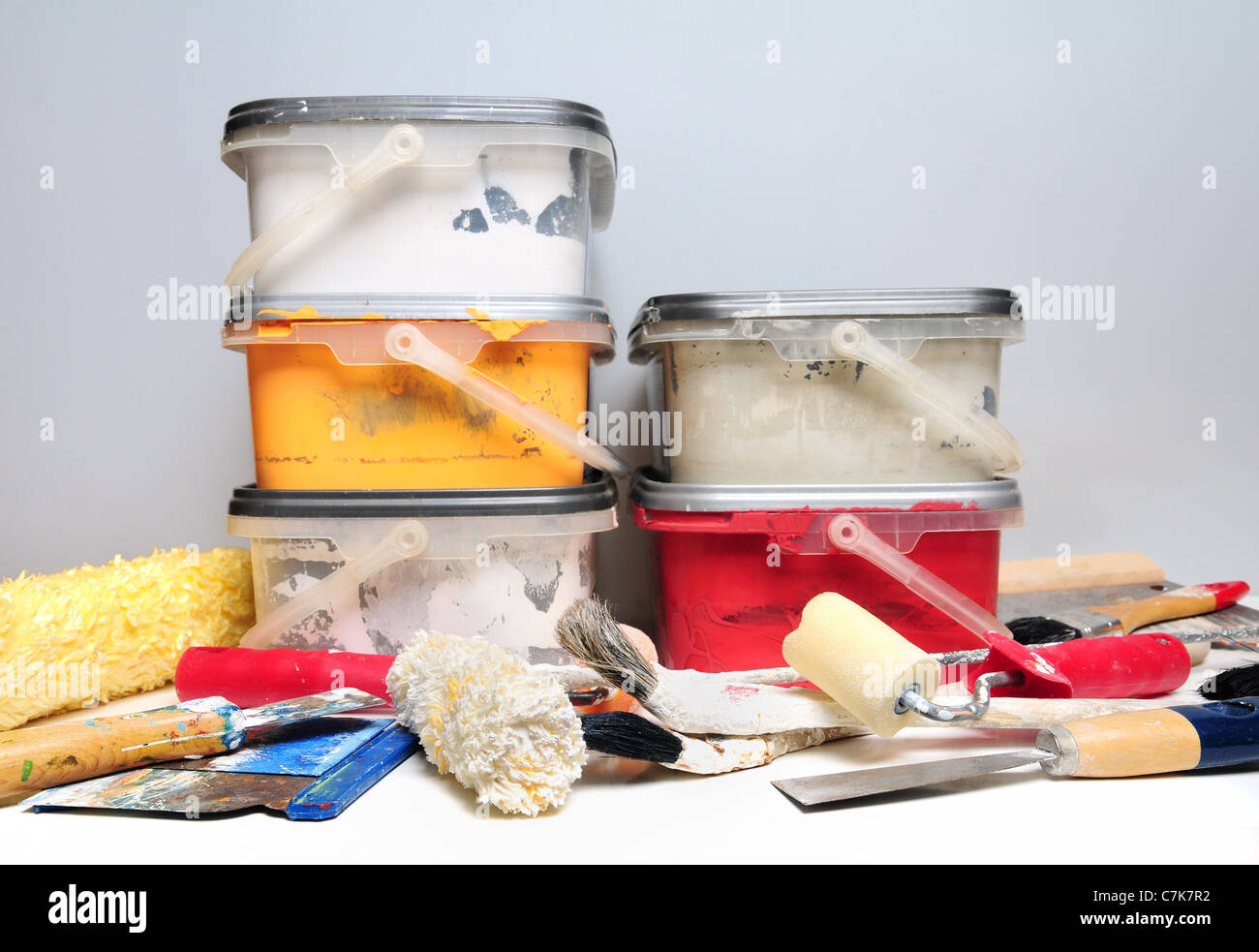 Group of renovation tools in front of gray background Stock Photo - Alamy