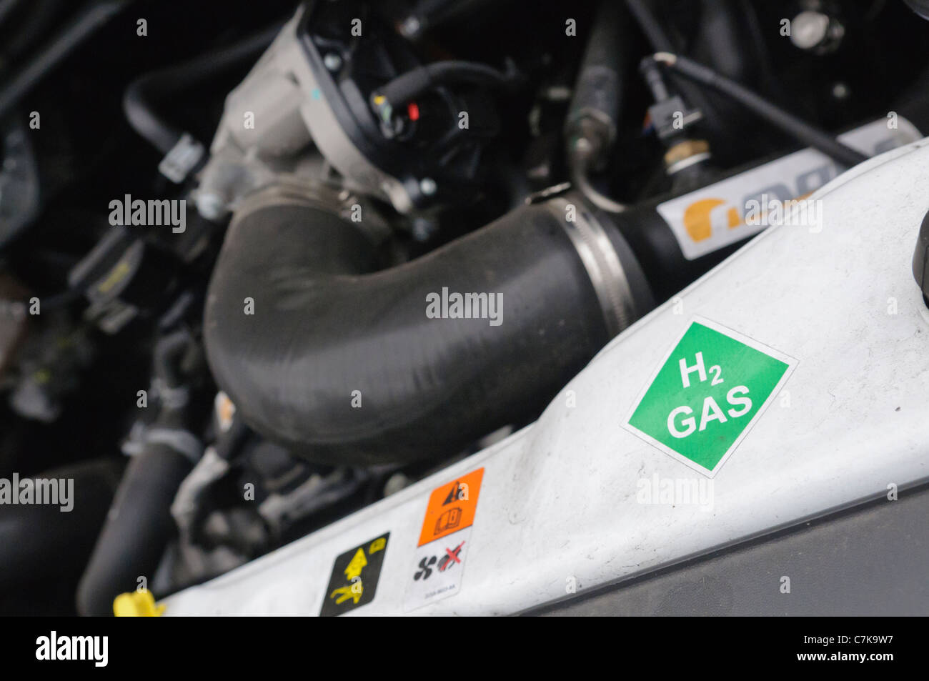 Hydrogen sticker inside the engine compartment of a dual powered Ford ...
