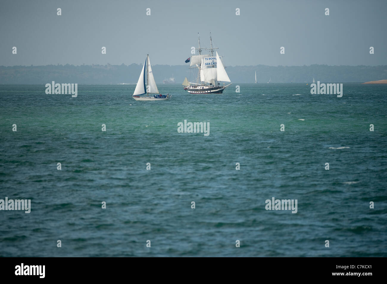 TS Royalist sailing ship in the Solent with the Isle of Wight in the ...