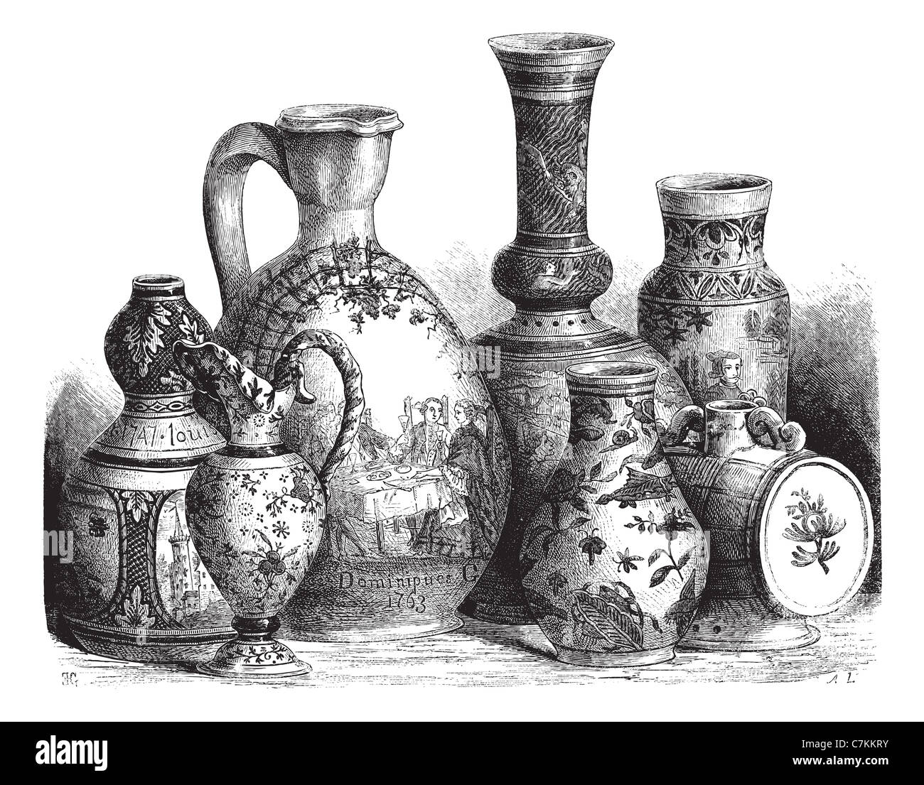 Old engraved illustration of various earthenware of Nevers faience ...