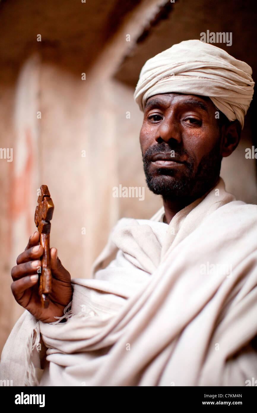 Orthodox christian priest at the 13th century church of Geneta Maryam ...