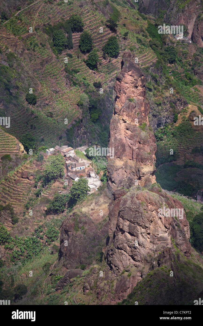 The pinnacle of Torre an ancient volcanic plug in the Ribiera de Torre ...