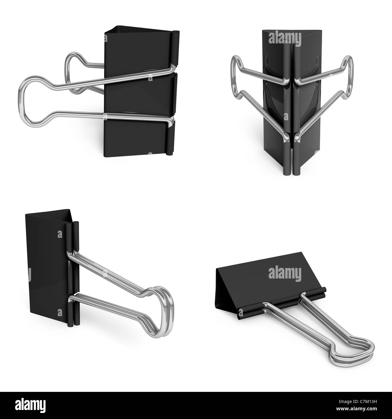 Collage of bulldog clips or snaps in different positions on white ...