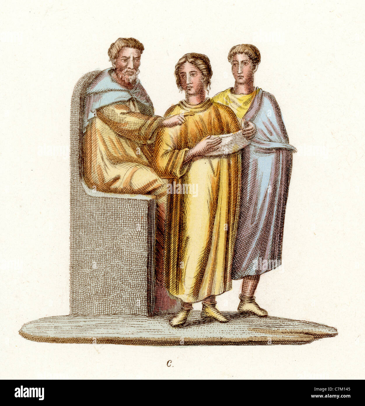 A bishop seated in a stone chair giving a veil to a young virgin Stock ...