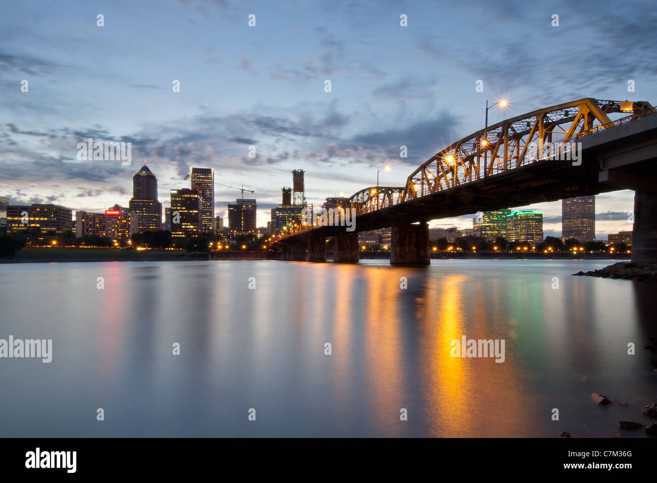 Portland Oregon Skyline and Hawthorne Bridge Over Willamette River at ...