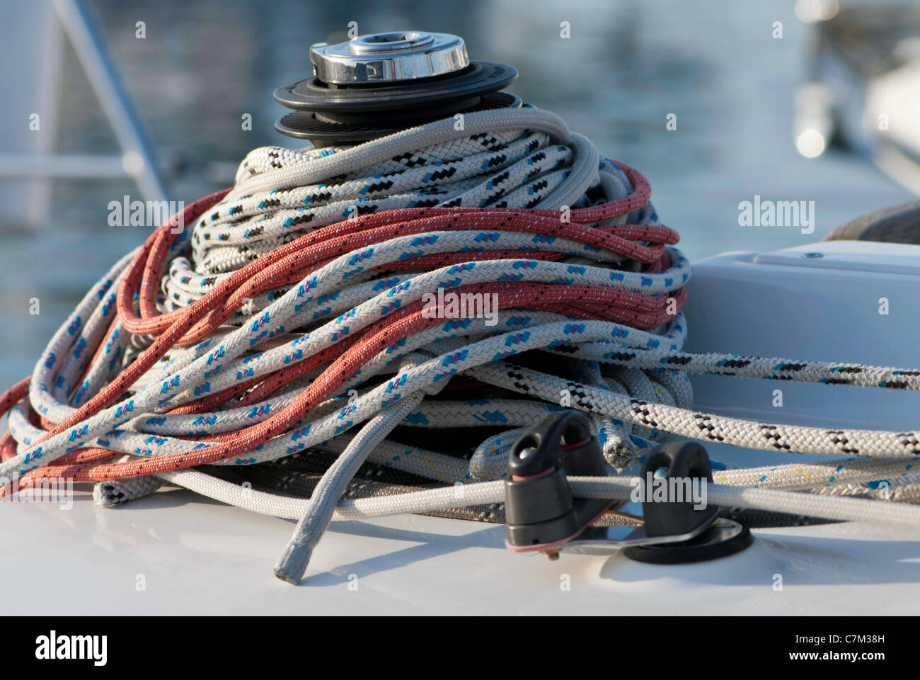 Close up of various rigging ropes on a yacht Stock Photo - Alamy