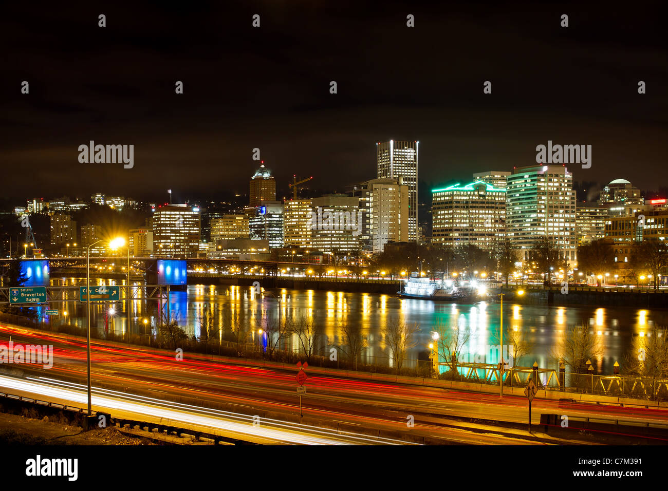 Portland Oregon Waterfront Skyline along Willamette River at Night ...