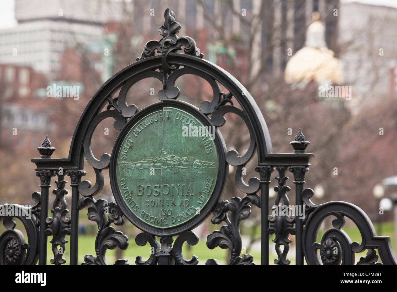 City seal at the entrance gate of the Boston Public Garden, Boston ...