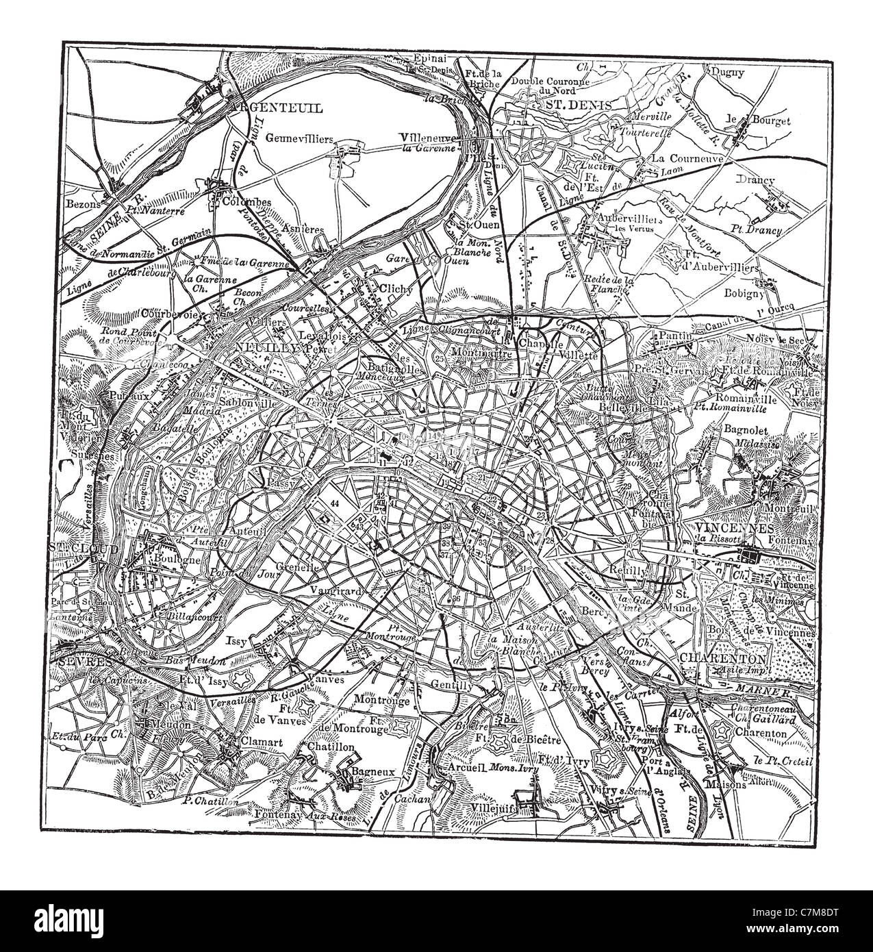 Paris and its environs, during the 1890s, vintage engraving. Old ...