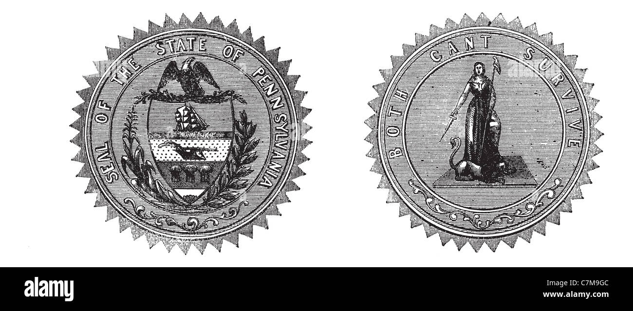 Seal of the State of Pennsylvania USA, vintage engraving. Old engraved ...