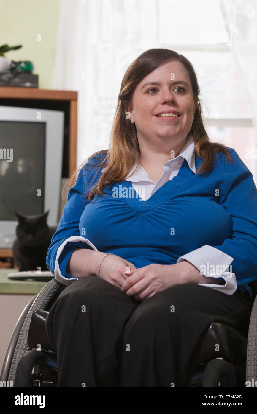Close-up of a woman with Spina bifida in a wheelchair smiling Stock ...